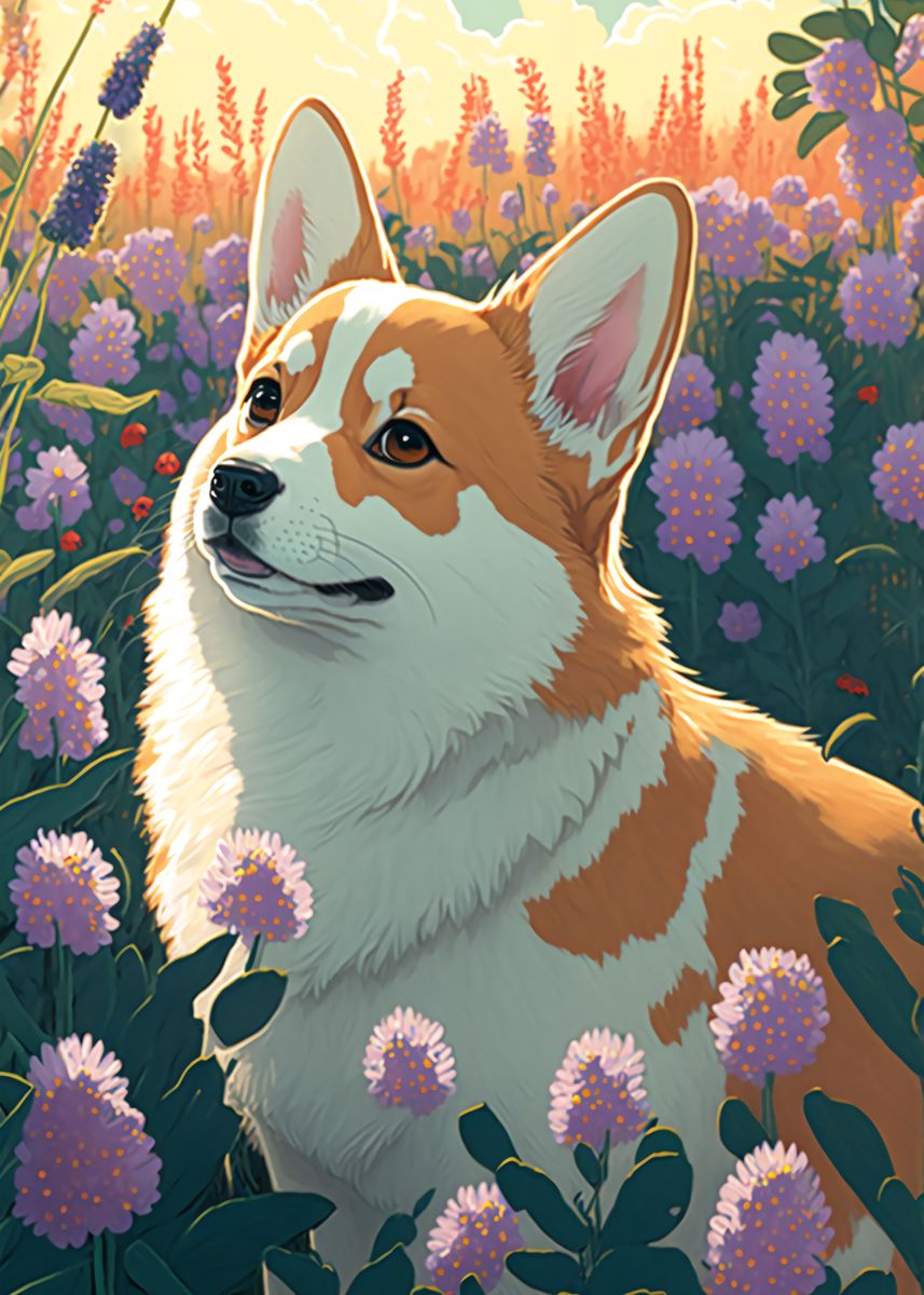 'Corgi Dog in Flowers' Poster, picture, metal print, paint by Mr ...