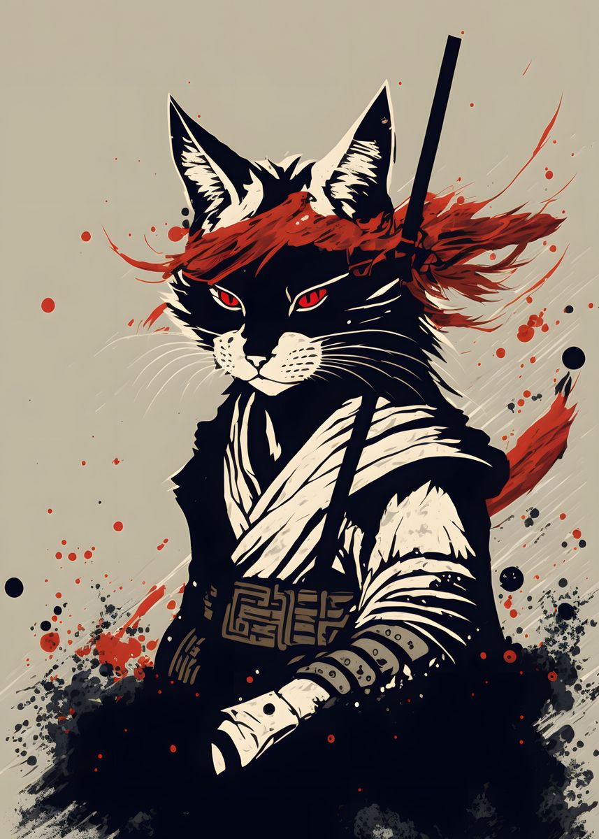 'Japanese Samurai Cat ' Poster, picture, metal print, paint by ART JOY ...