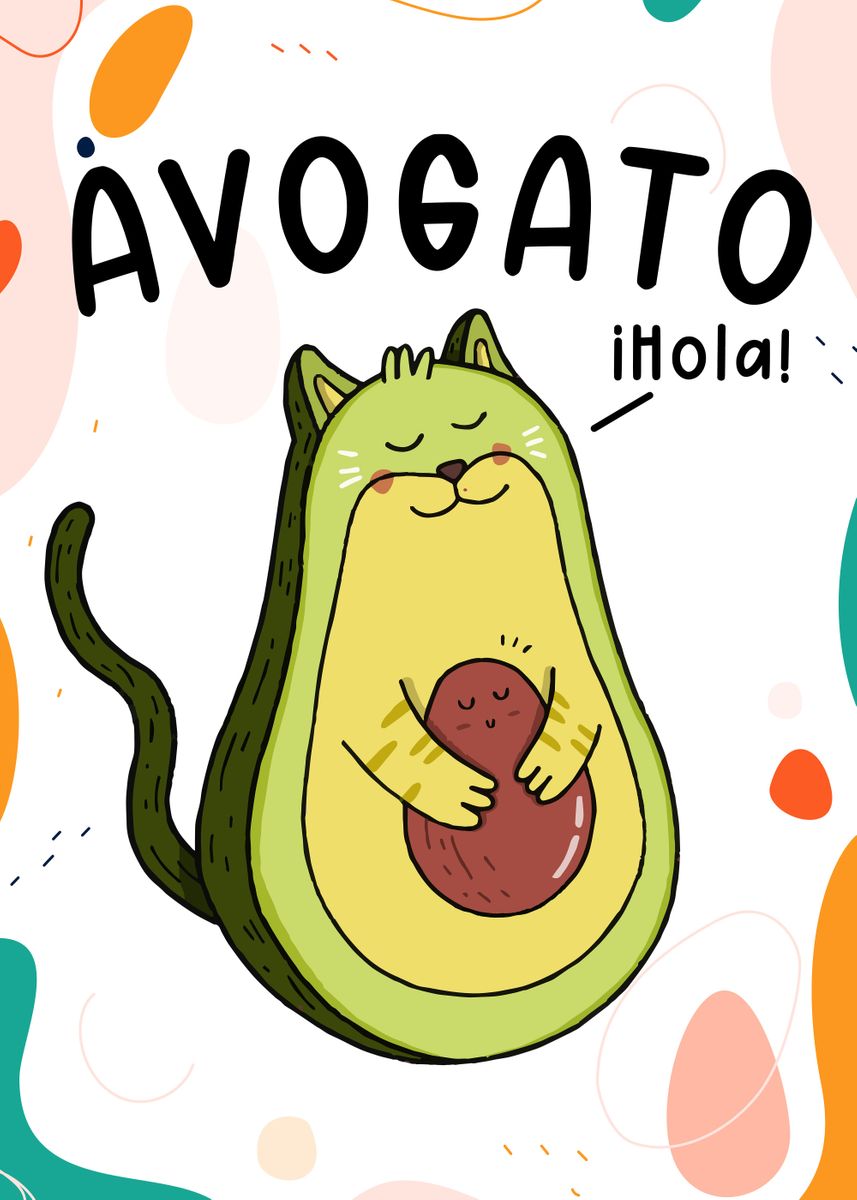'Avocado Cat' Poster, picture, metal print, paint by crbn design | Displate