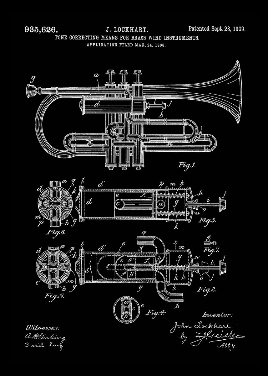 'Trumpet 1909 Blueprint' Poster, picture, metal print, paint by Tom ...