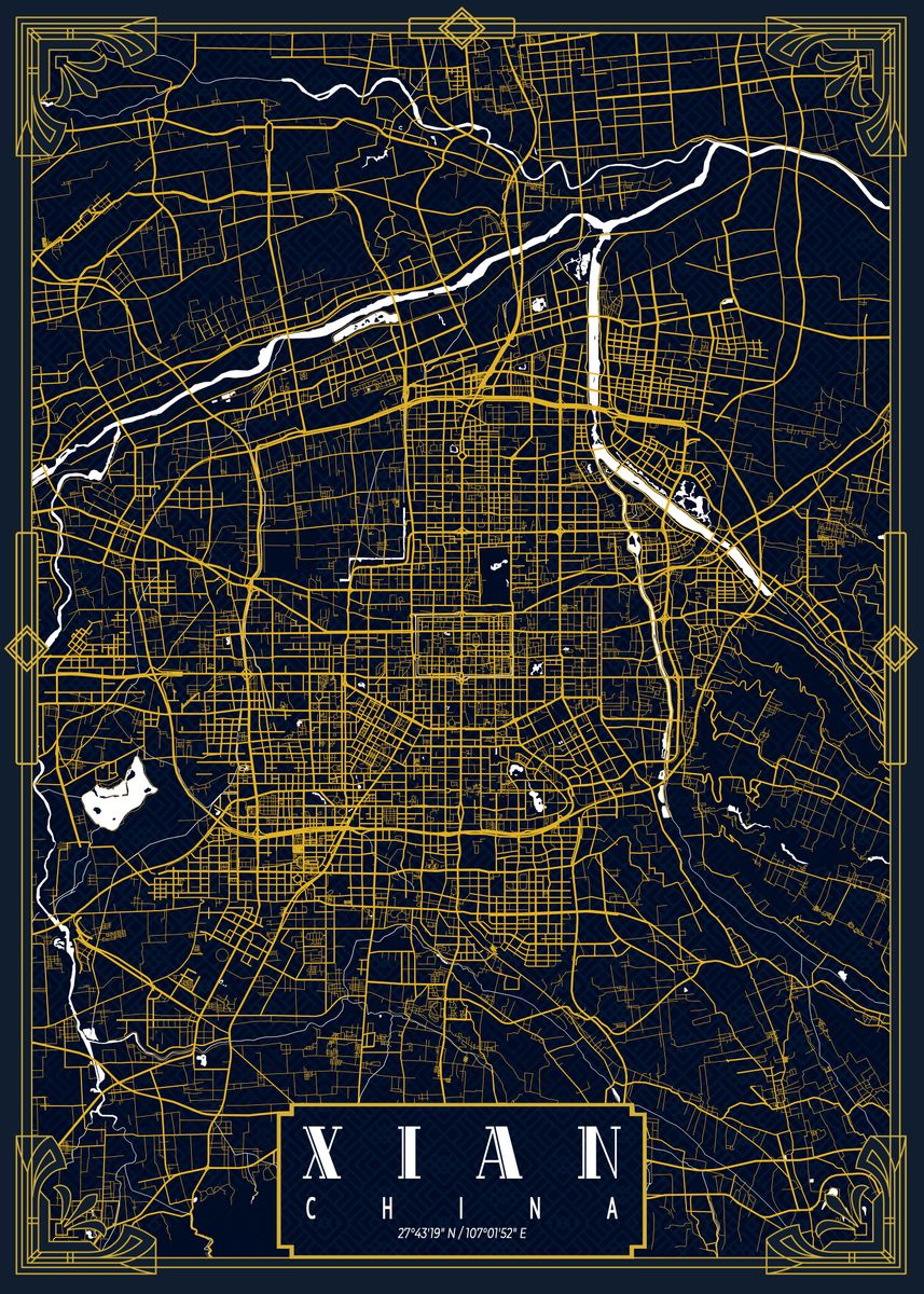 'Xian City Map Gold' Poster, picture, metal print, paint by deMAP ...