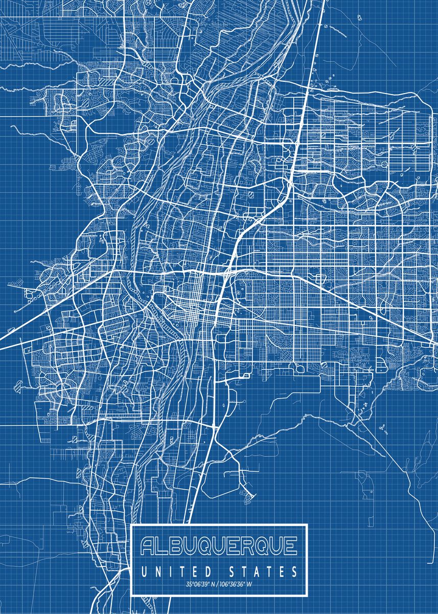 'Albuquerque Map Blueprint' Poster, picture, metal print, paint by ...
