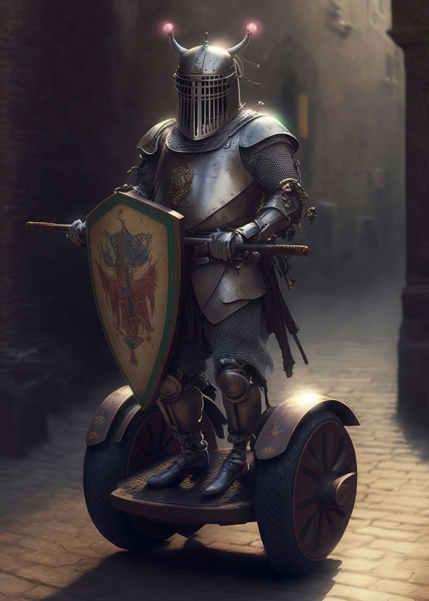 'Medieval knight on Segway' Poster, picture, metal print, paint by Stephen Schreck | Displate