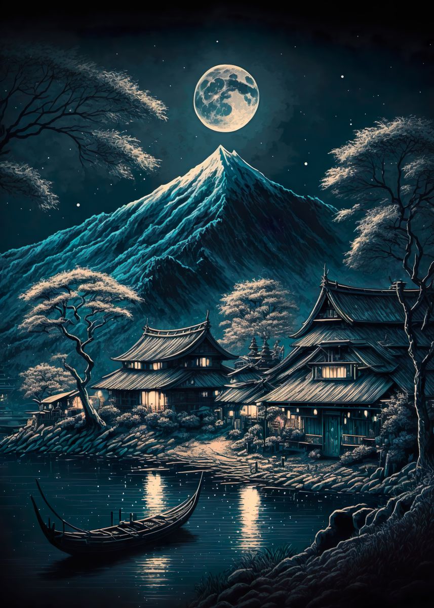'Full Moon Asian Village ' Poster, picture, metal print, paint by ...