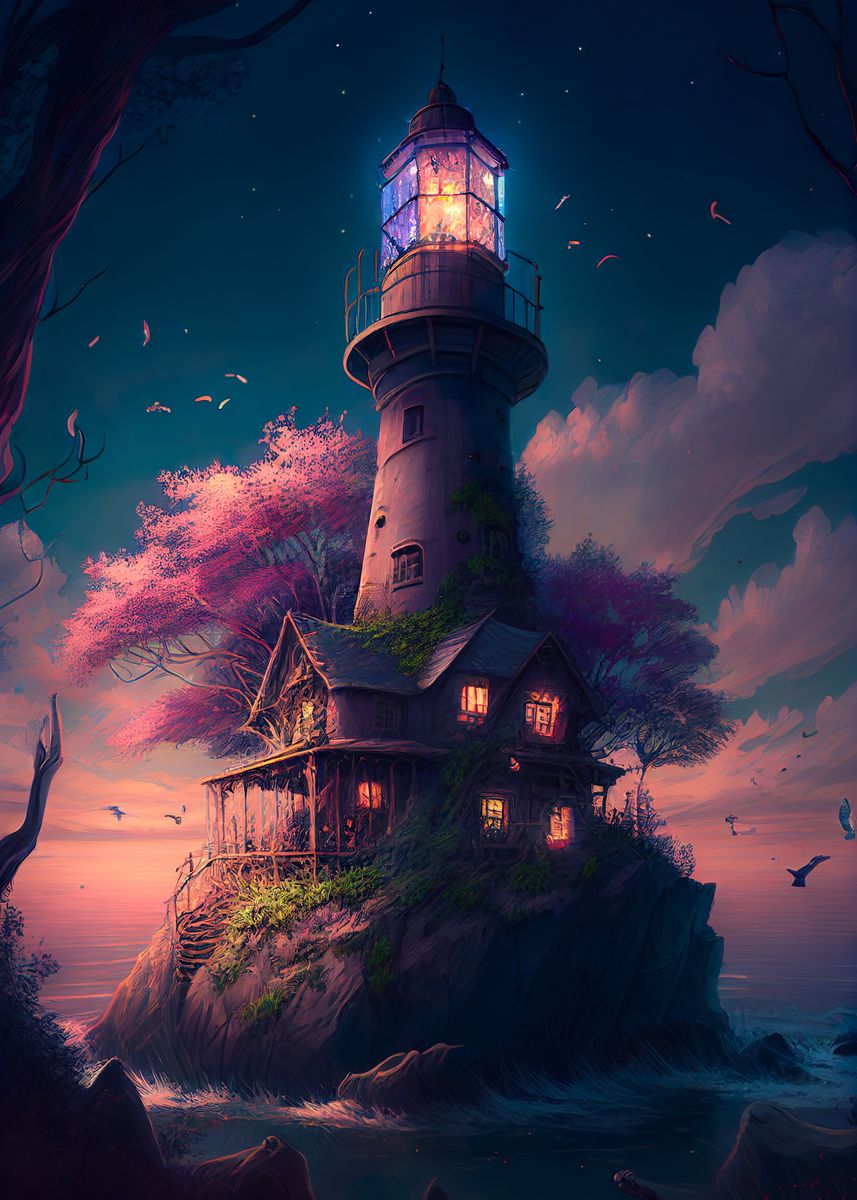 'Fantasy Lighthouse' Poster, picture, metal print, paint by Dennex Designs | Displate