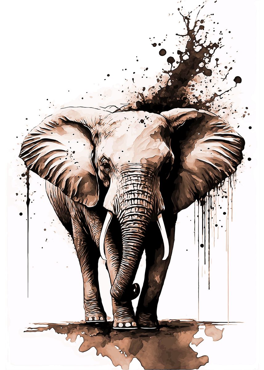 'elephant ink splash' Poster, picture, metal print, paint by Mounier ...