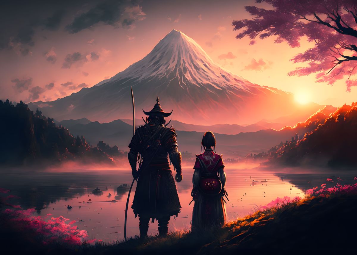 'Geisha Samurai Mount Fuji' Poster by CanvasPixelDreams | Displate