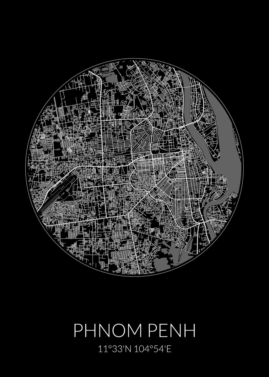 'Phnom Penh City Map Black' Poster, picture, metal print, paint by ...