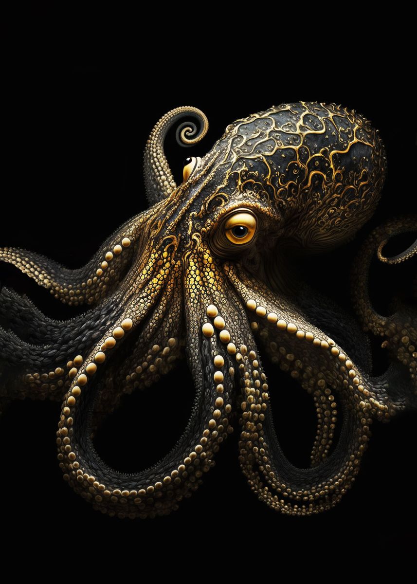 'Black and Gold Octopus' Poster, picture, metal print, paint by ...