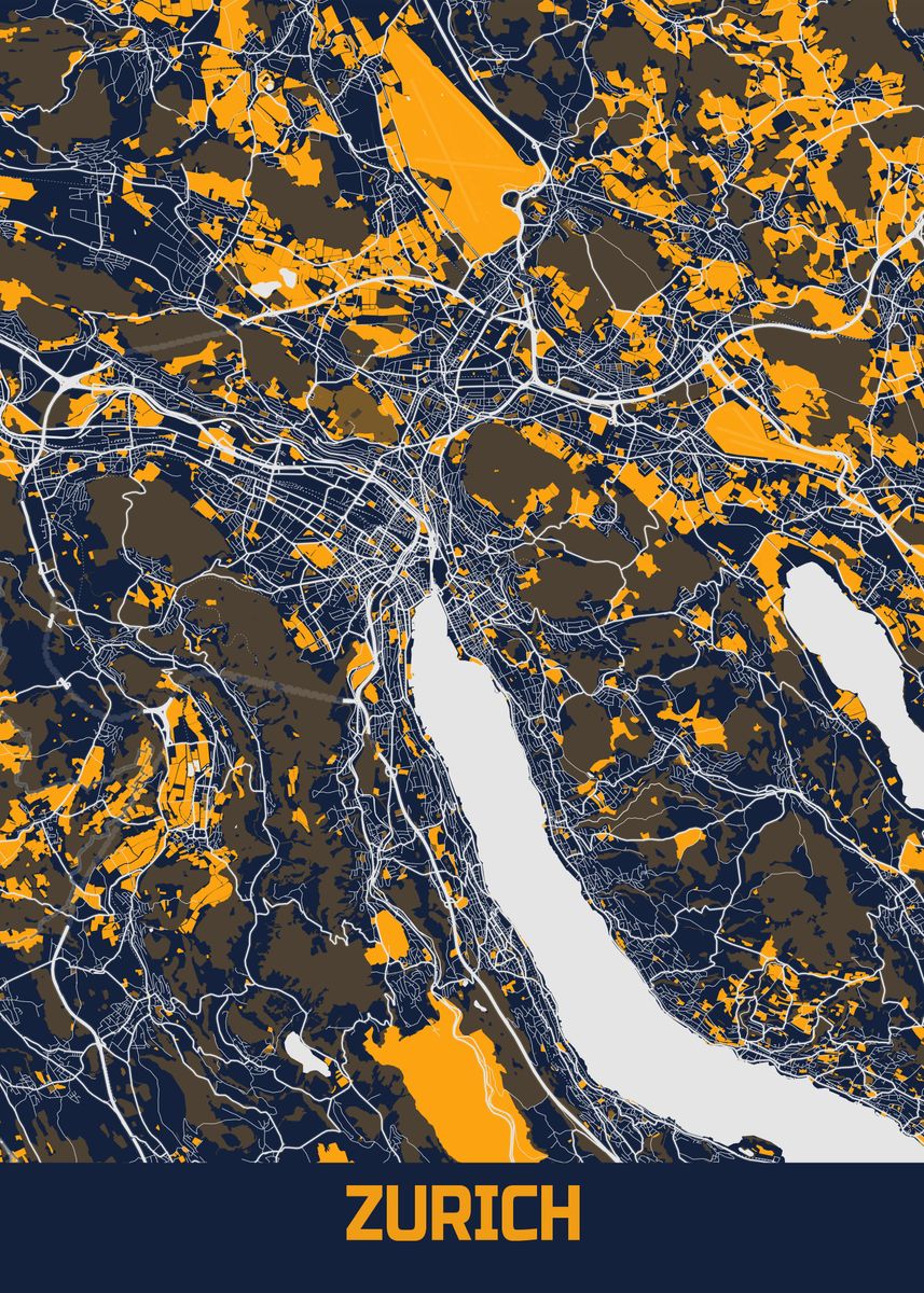 'Zurich City Map' Poster, picture, metal print, paint by Nae | Displate