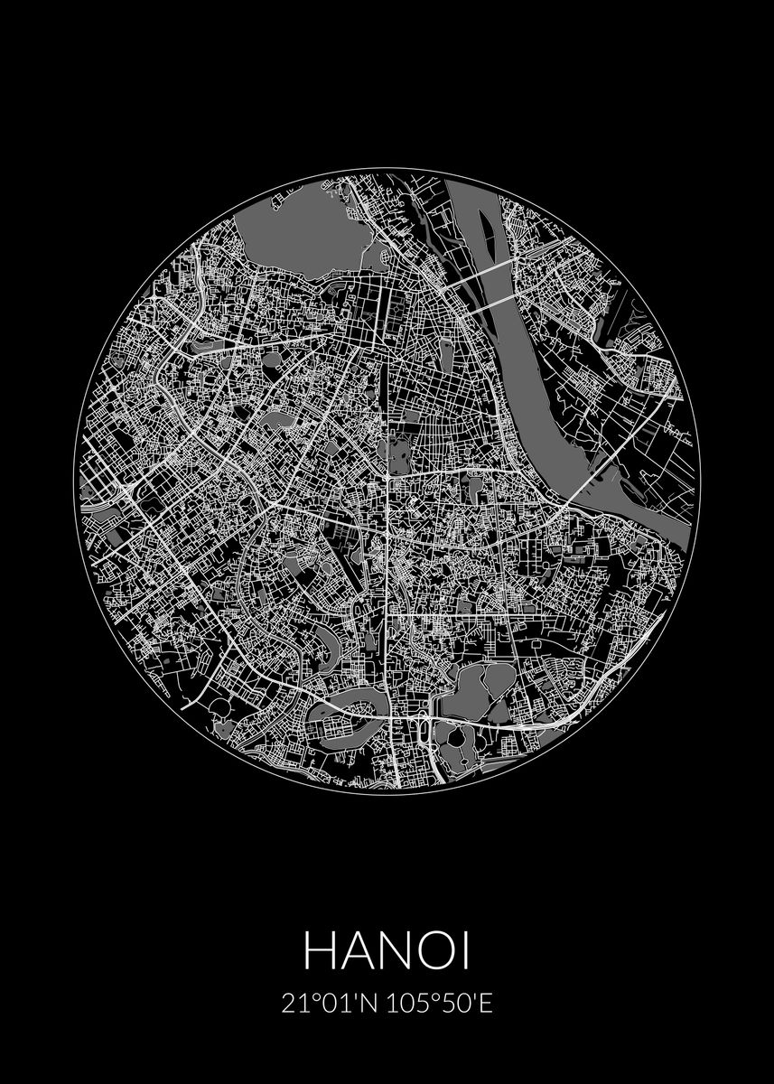 'Hanoi City Map Black' Poster by dkDesign | Displate