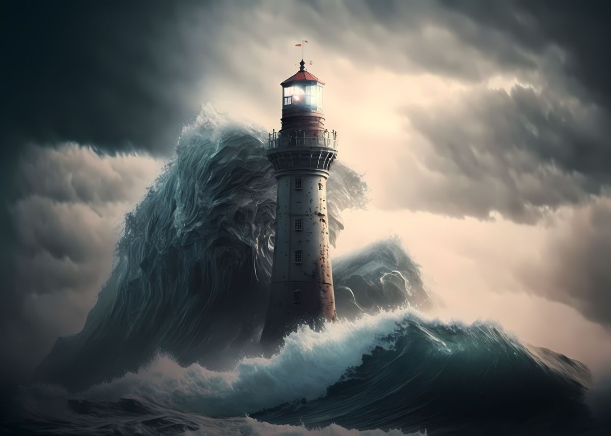 'Lighthouse big waves' Poster by CanvasPixelDreams | Displate
