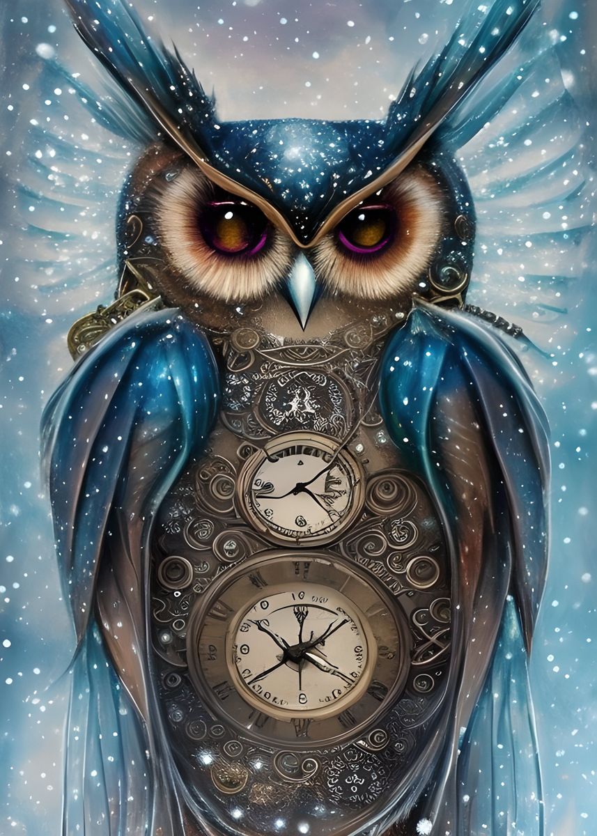 'Owl Bird with Clocks' Poster, picture, metal print, paint by Max Ronn ...