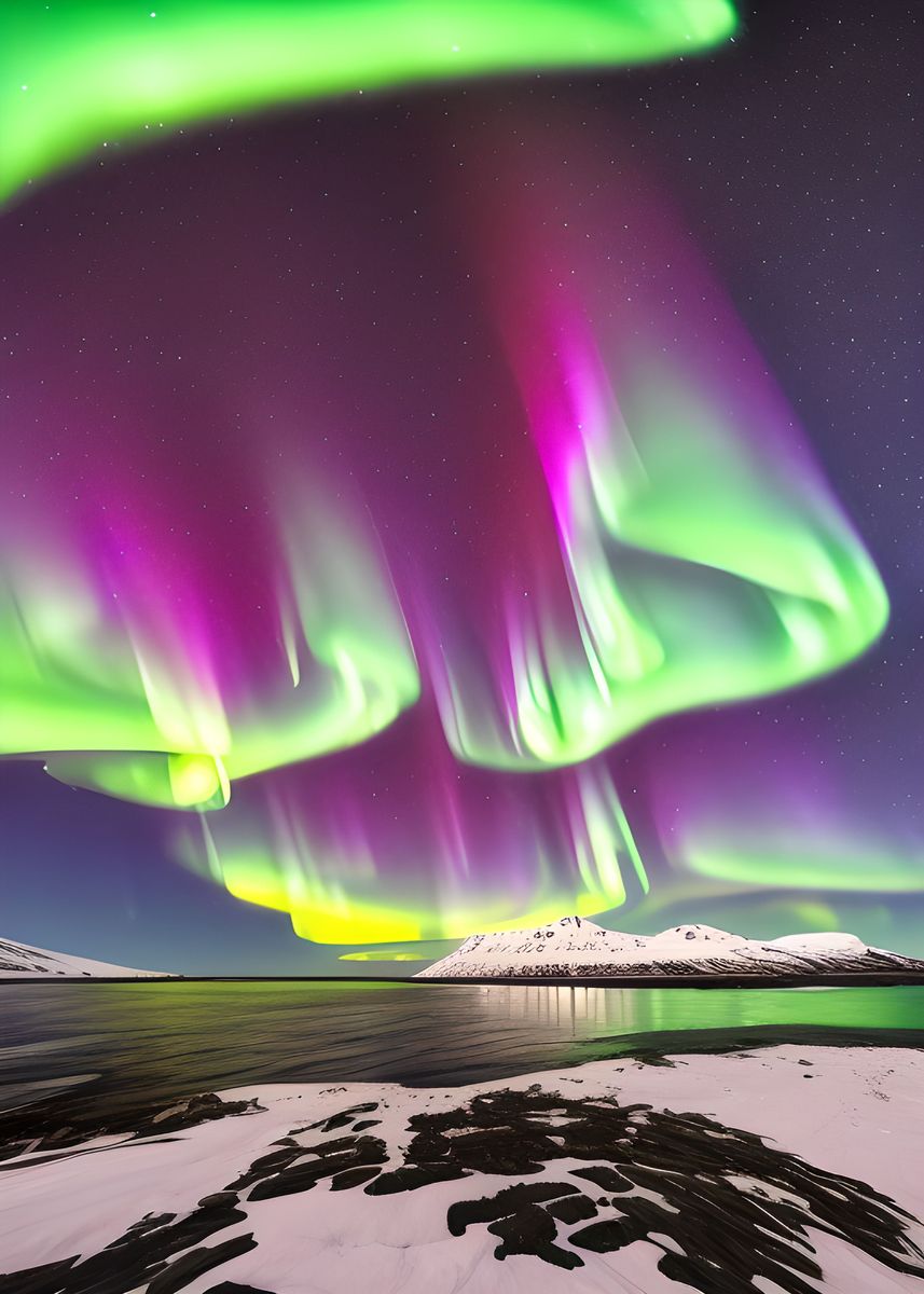 'green purple night lights' Poster, picture, metal print, paint by ...