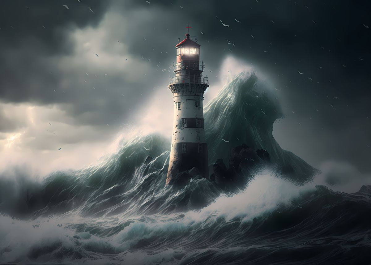 'Lighthouse huge storm' Poster by CanvasPixelDreams | Displate