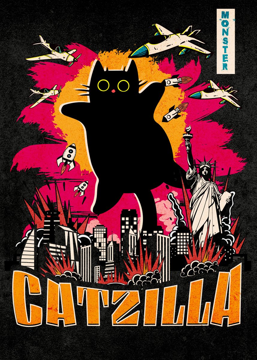 'catzilla retro vintage' Poster, picture, metal print, paint by du ...
