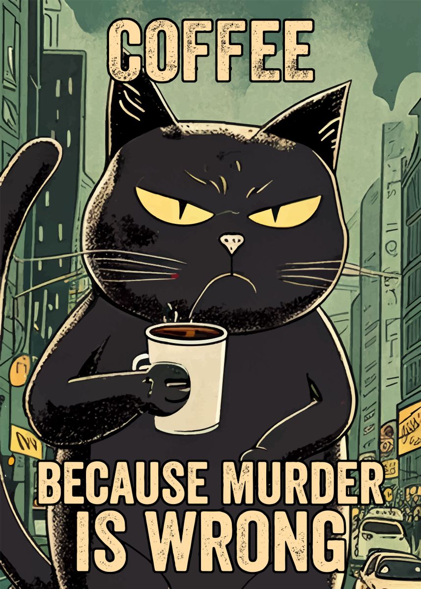'Coffee Cat Murder Is Wrong' Poster, picture, metal print, paint by ...