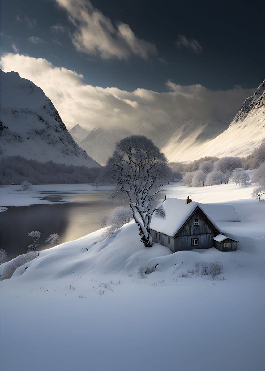 'Cabin in the Snow' Poster, picture, metal print, paint by David ...