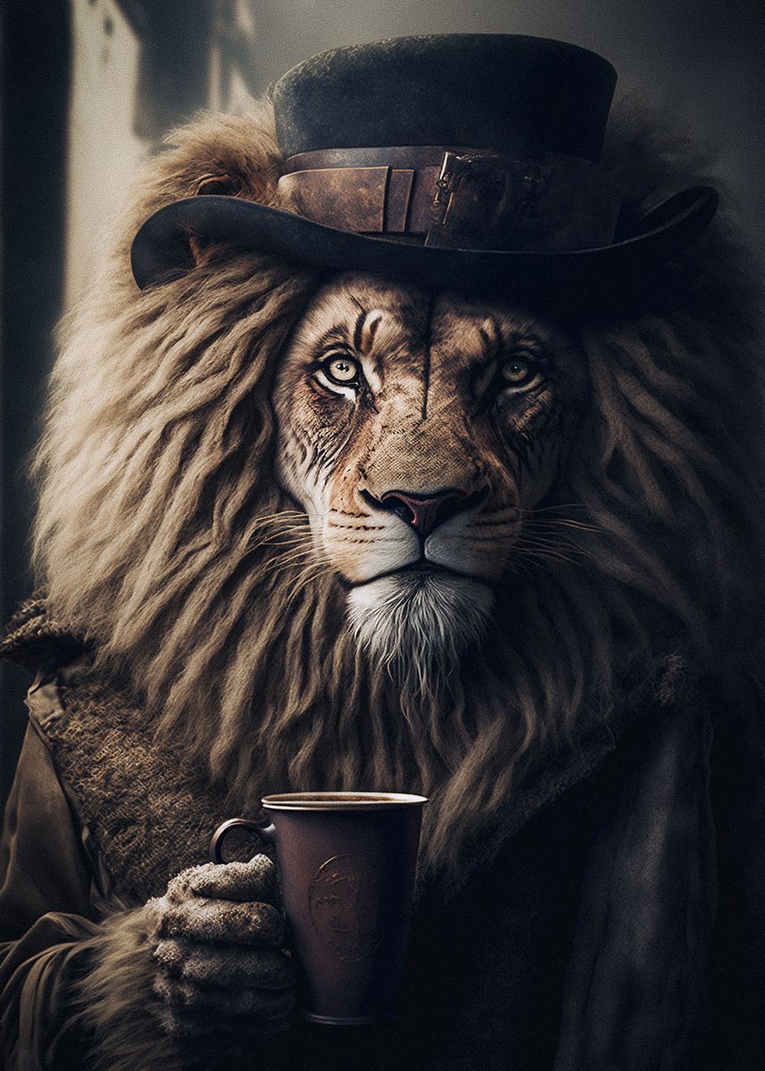 'Lion with Cup of Tea' Poster, picture, metal print, paint by Mitoka ...