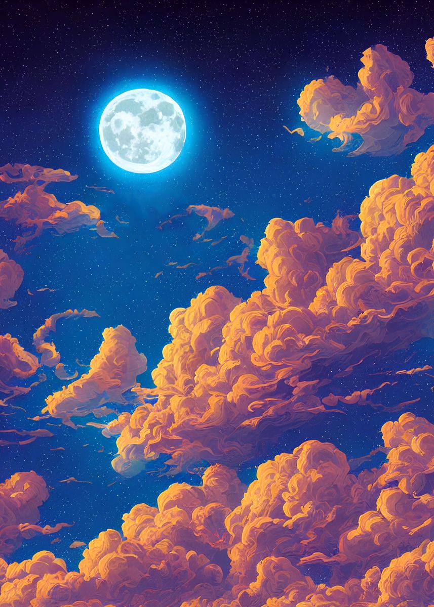'Moon and orange clouds' Poster, picture, metal print, paint by Mohamed Nemr | Displate