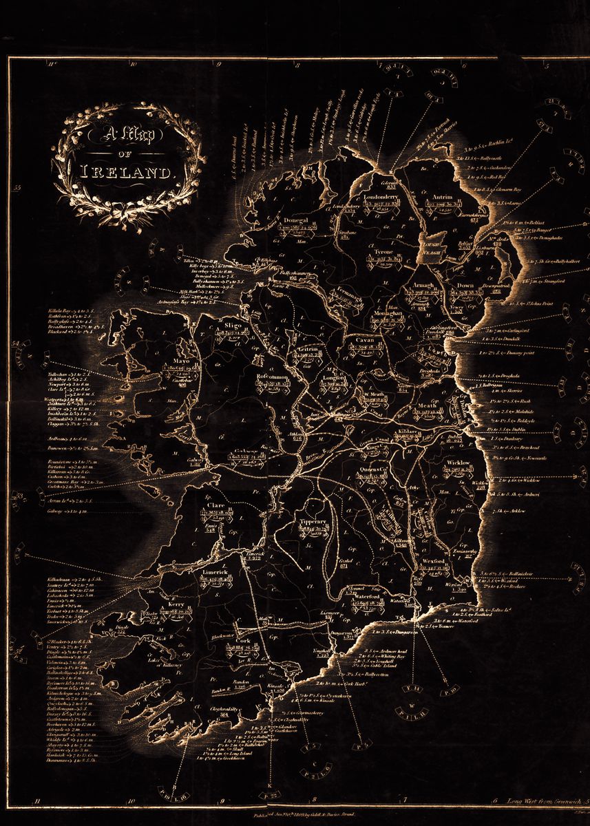 'Ireland dark vintage map' Poster, picture, metal print, paint by Vardi ...