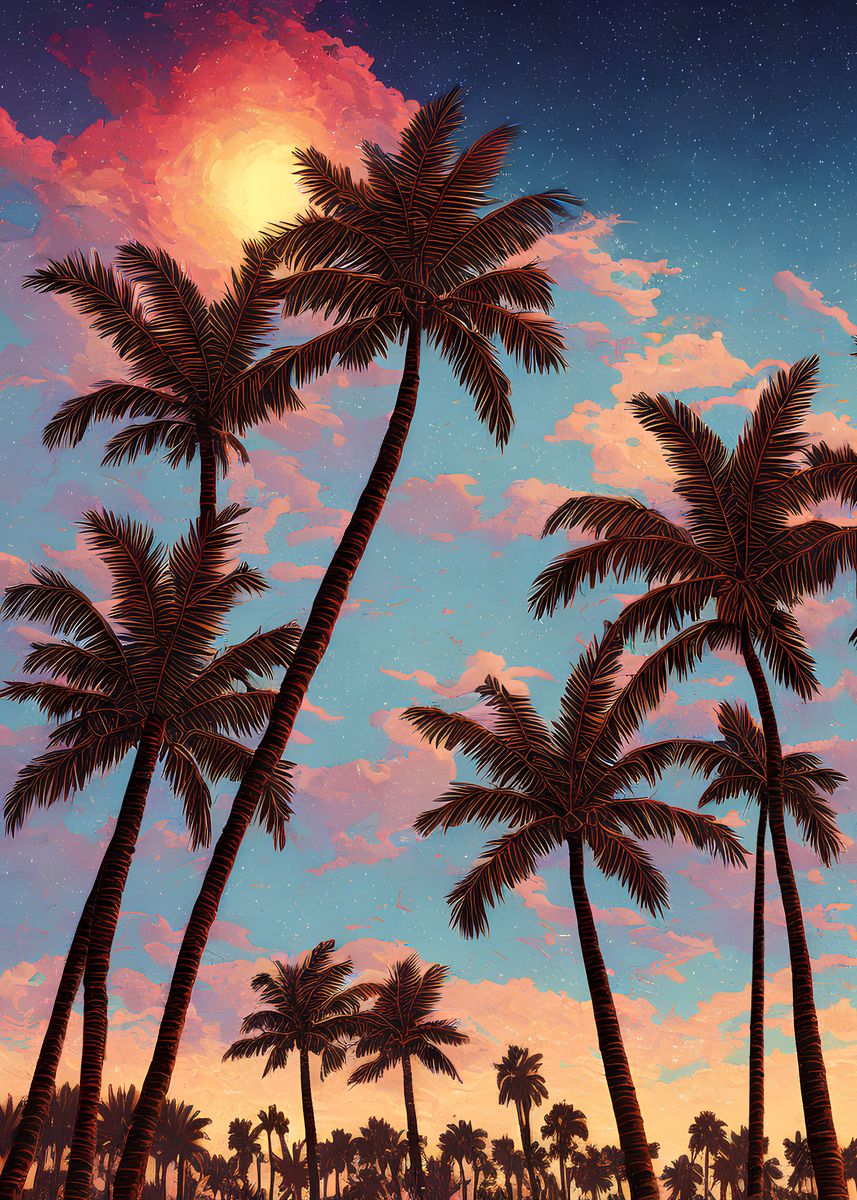 'Sunset and Palm trees ' Poster, picture, metal print, paint by Mohamed ...