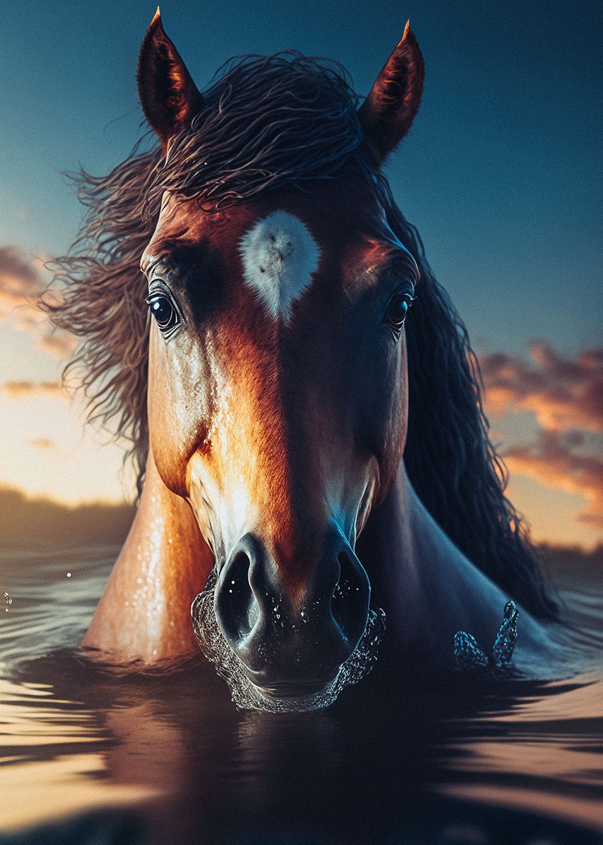 'Horse Swim' Poster, picture, metal print, paint by Mitoka | Displate