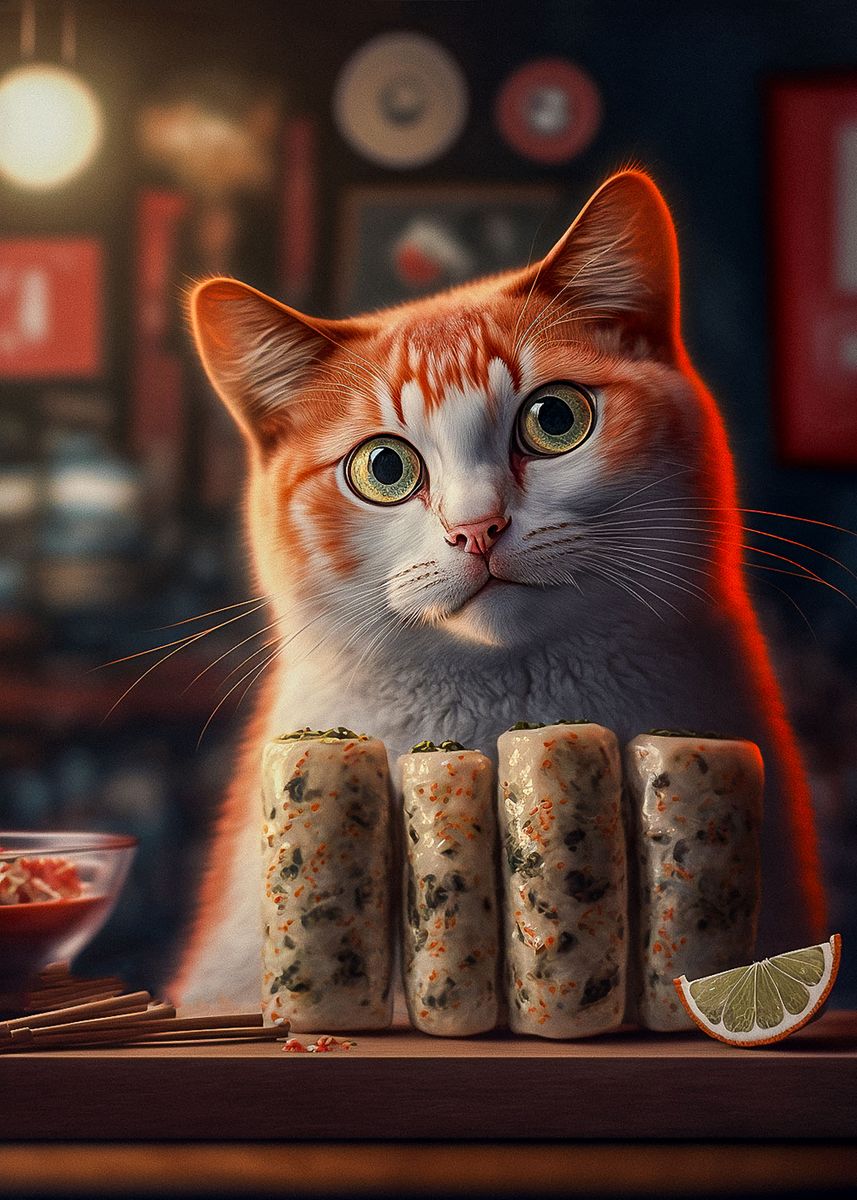 'Cat with Spring Rolls' Poster, picture, metal print, paint by Michael ...