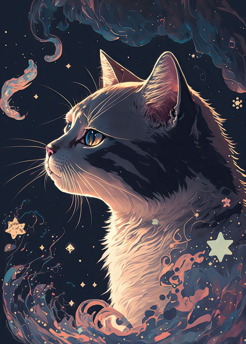 'Cat in the stars' Poster, picture, metal print, paint by KyzArt | Displate