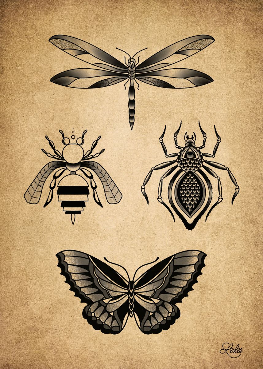 'Insect flash tattoo' Poster, picture, metal print, paint by leslie ...