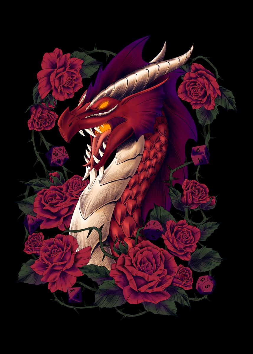 'Dragons n Roses' Poster, picture, metal print, paint by Dudinkah ...