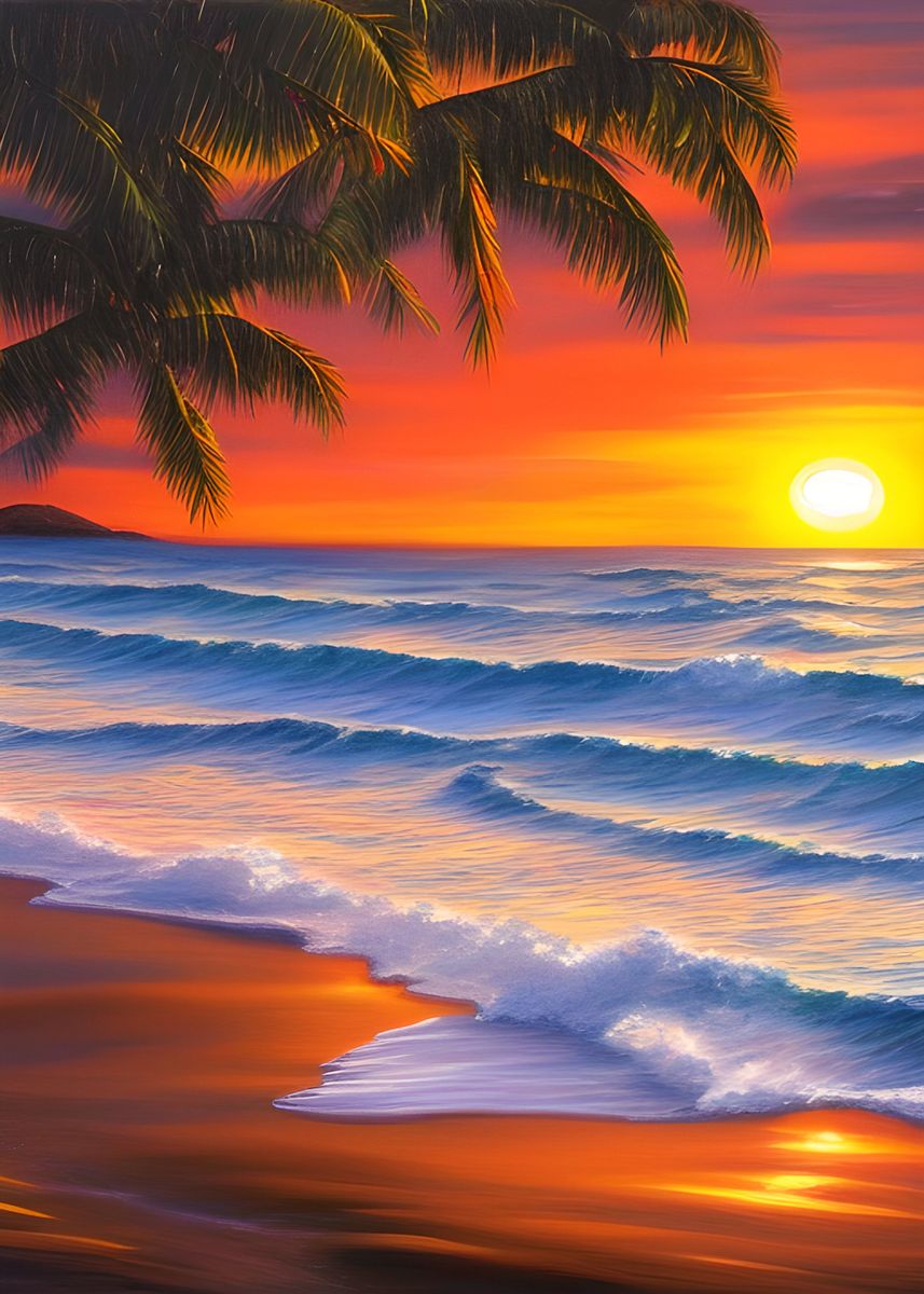 'Palm Sea Beach by Sunset' Poster, picture, metal print, paint by Max ...