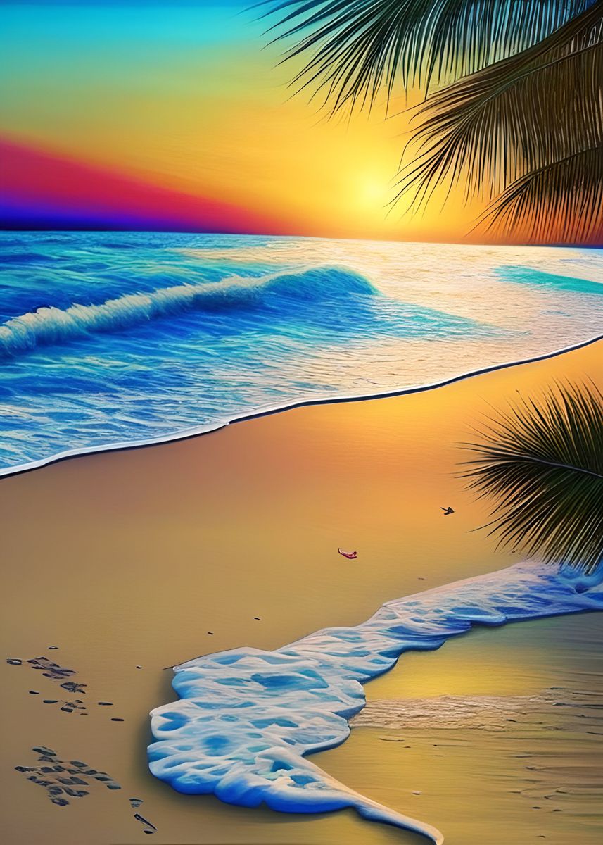 'Palm Sea Beach by Sunset' Poster, picture, metal print, paint by Max ...