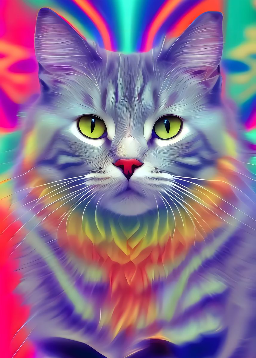 'Psychedelic Cat Dream' Poster, picture, metal print, paint by ...