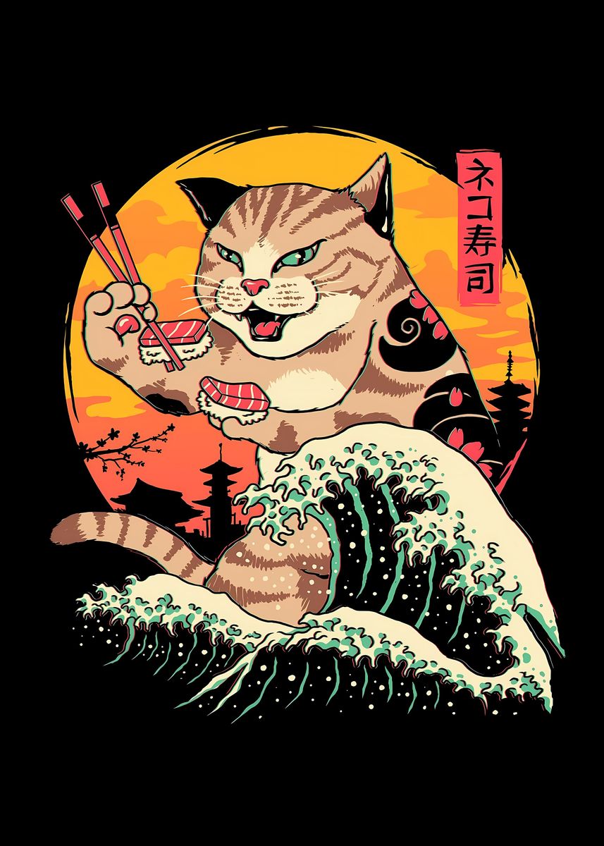 'Cute Cat Sushi Wave Japan' Poster, picture, metal print, paint by ...