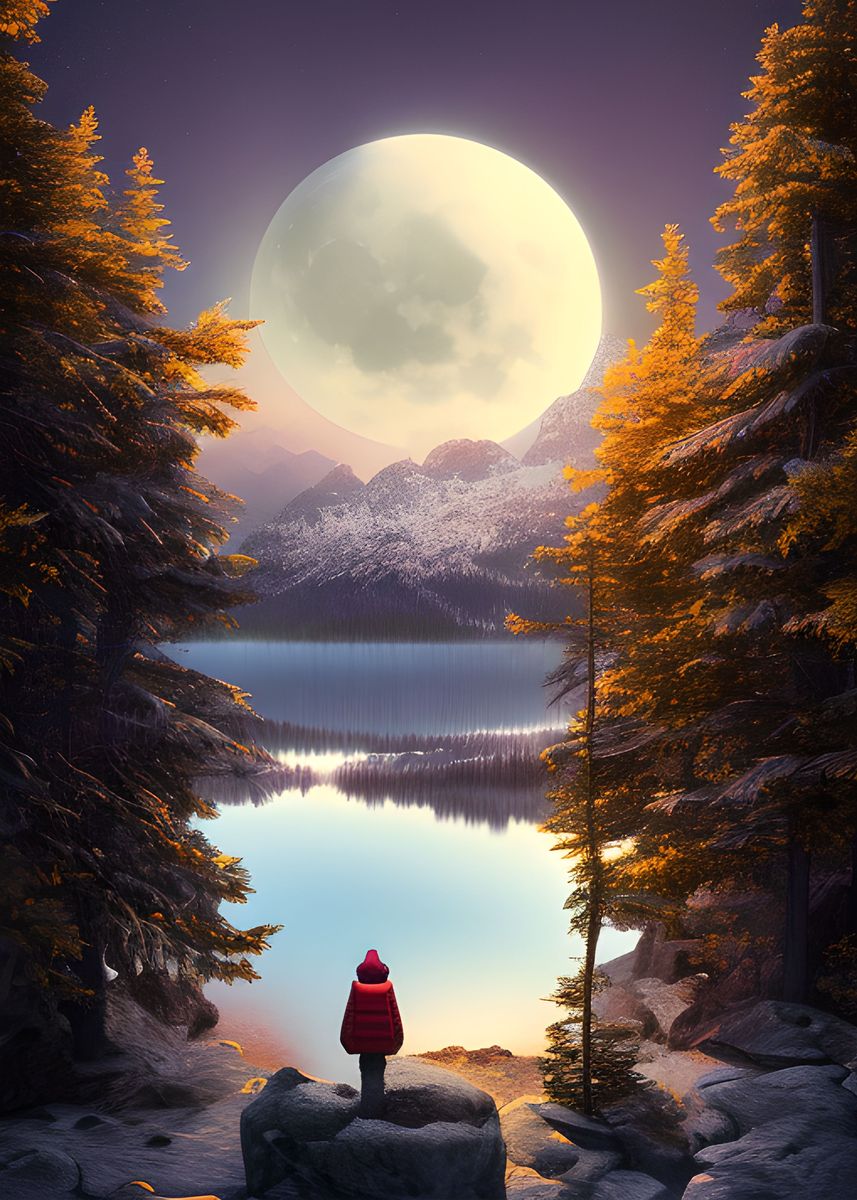 'Moonlight at Lake Nature' Poster, picture, metal print, paint by Max ...