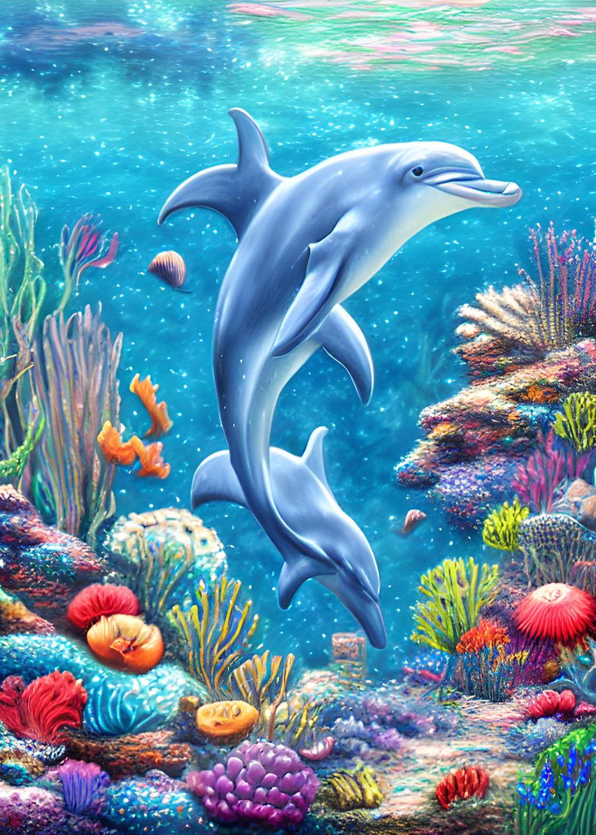'Dolphin underwater world' Poster, picture, metal print, paint by Max Ronn | Displate