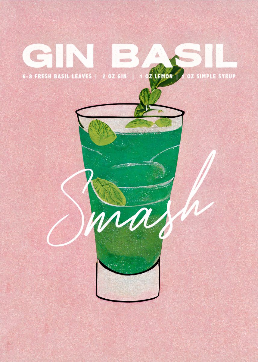 'Gin Basil Smash Pink Room' Poster, picture, metal print, paint by SipCircle | Displate