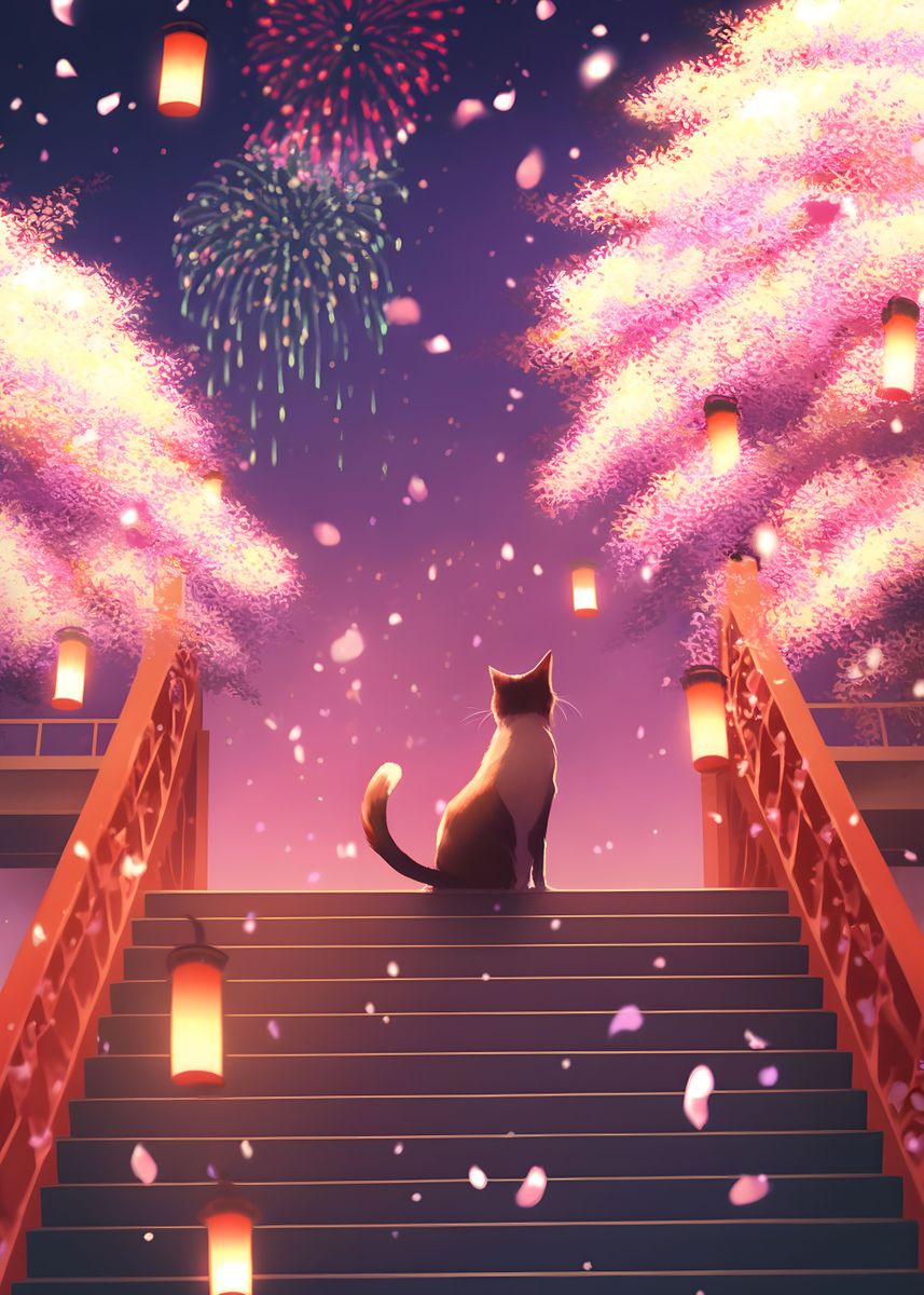 'Enjoying Hanami Fireworks' Poster, picture, metal print, paint by ...