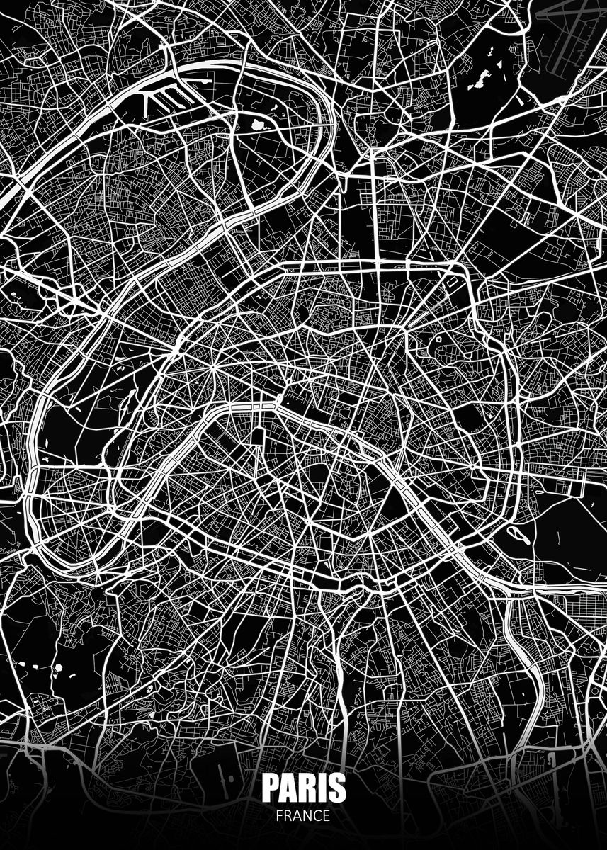 'Paris France Dark Map' Poster, picture, metal print, paint by Zake ...