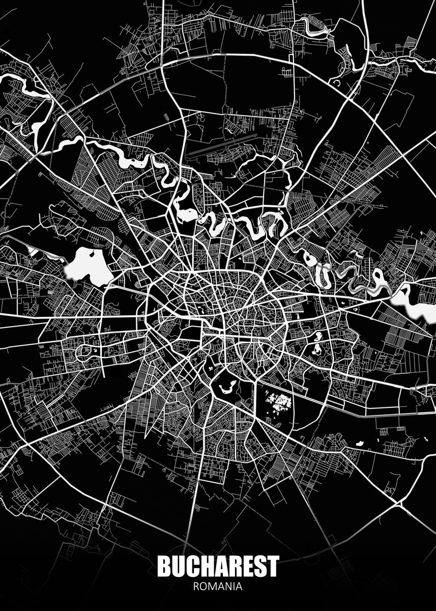 'Bucharest Romania Dark Map' Poster, picture, metal print, paint by ...