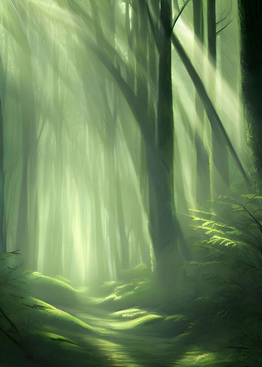 'Forest Path Rays of Light' Poster, picture, metal print, paint by ...