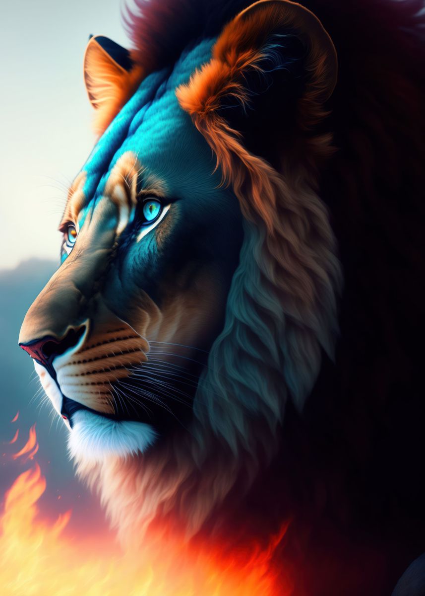 'lion face' Poster, picture, metal print, paint by RonnieArts | Displate