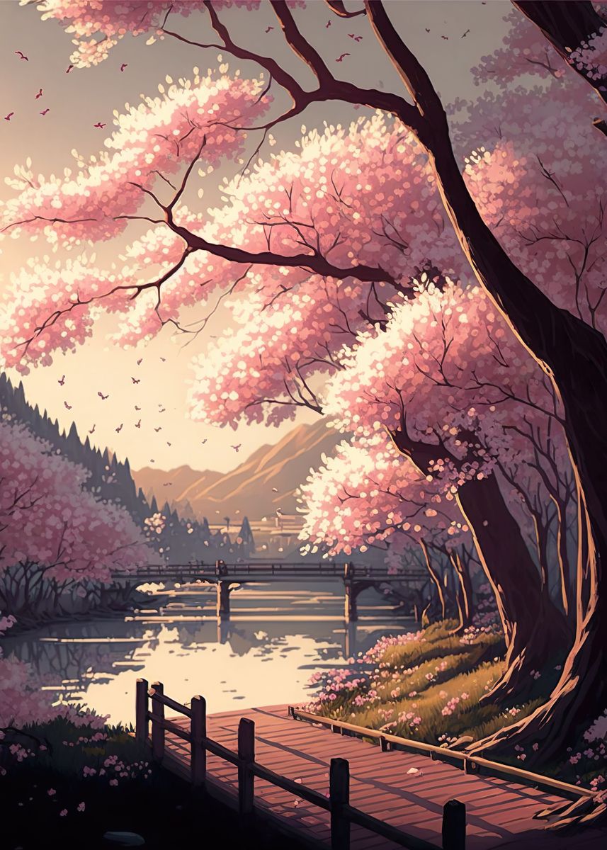 'Cherry Blossom Sakura Lake' Poster, picture, metal print, paint by ...