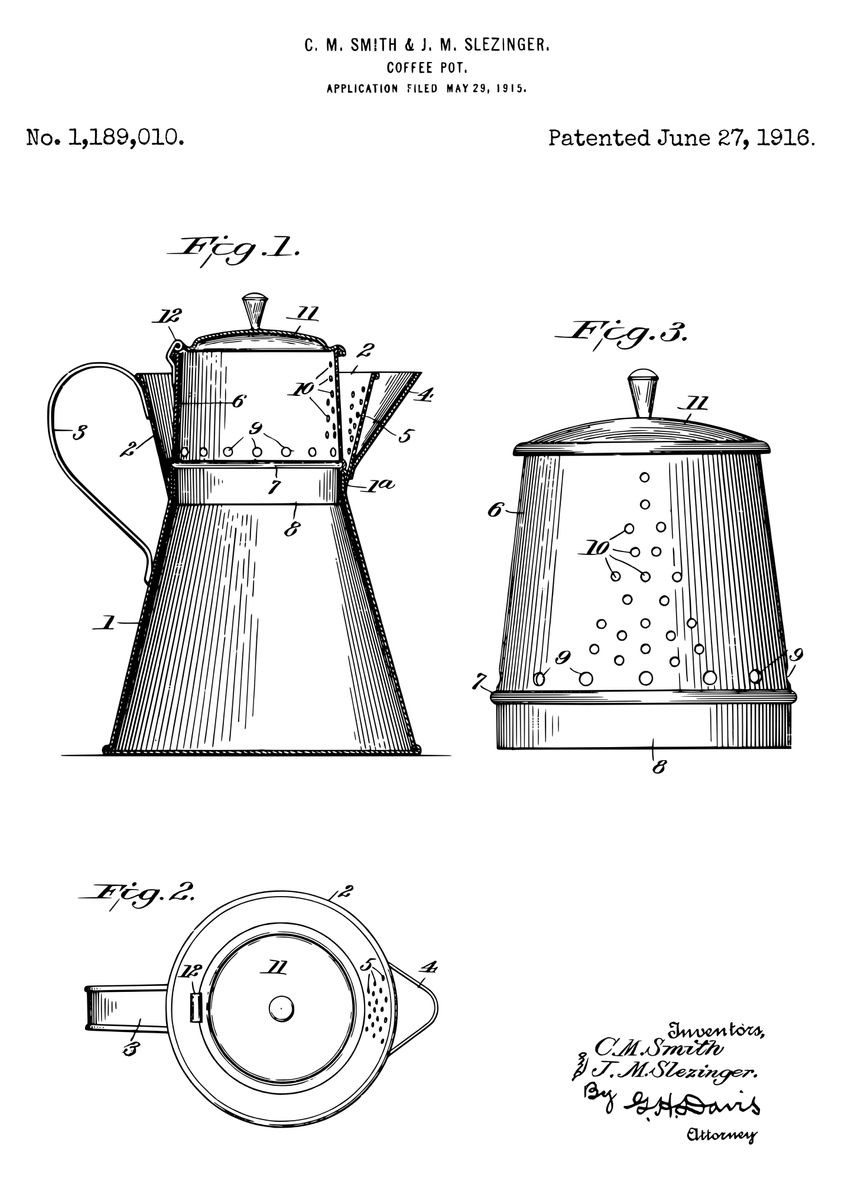 'Coffee pot patent 1916' Poster, picture, metal print, paint by ...