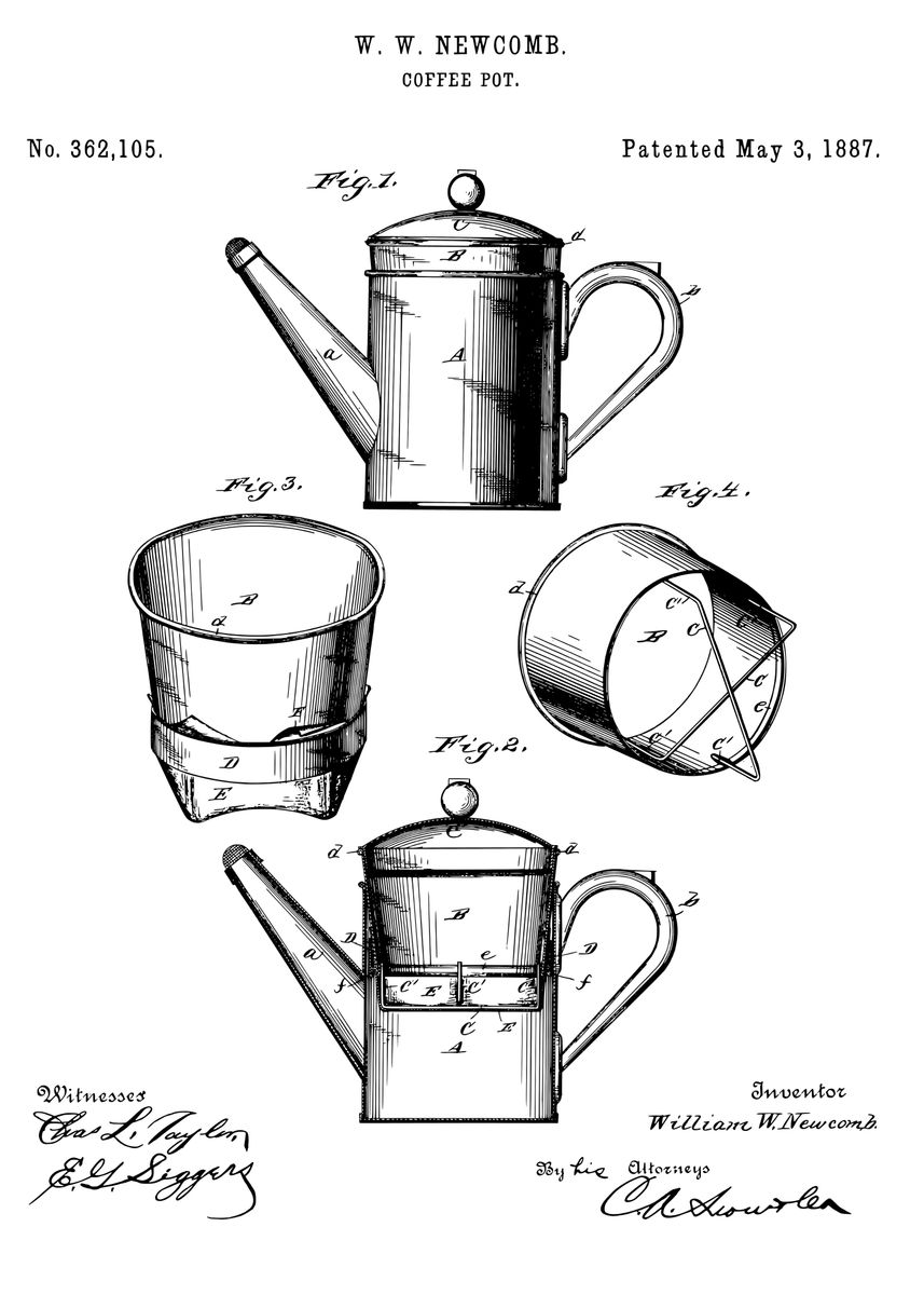'Coffee pot patent 1887' Poster, picture, metal print, paint by ...
