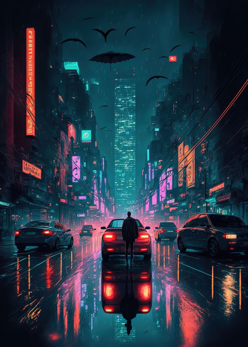'Cyberpunk Neon Skyscrapers' Poster, picture, metal print, paint by ...