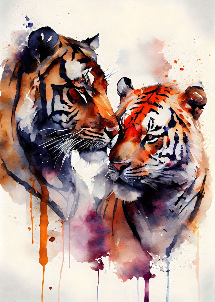 'Romantic Tiger Couple' Poster, picture, metal print, paint by Ali Ch | Displate