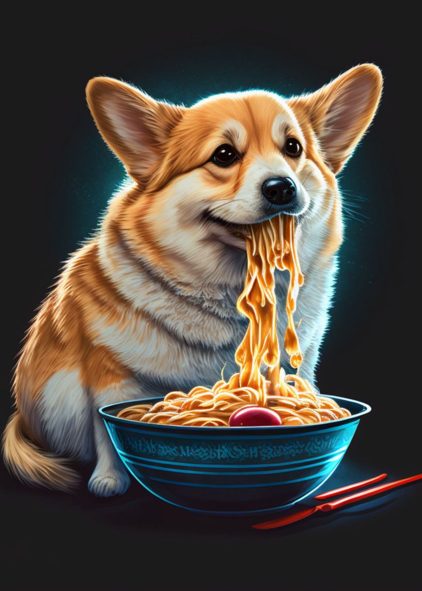 'Funny Corgi Eating Ramen' Poster, picture, metal print, paint by ...