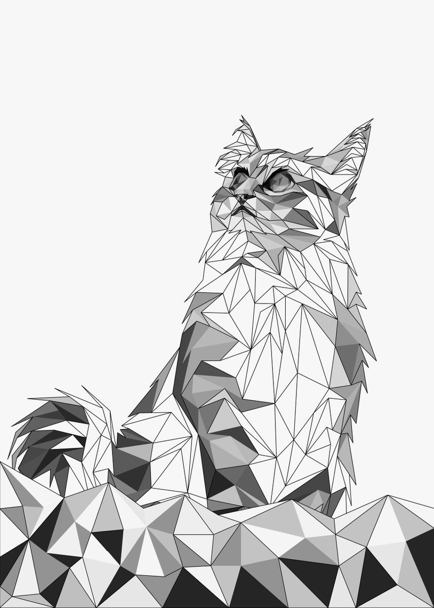 'Cat Lowpoly Half Wireframe' Poster, picture, metal print, paint by ...